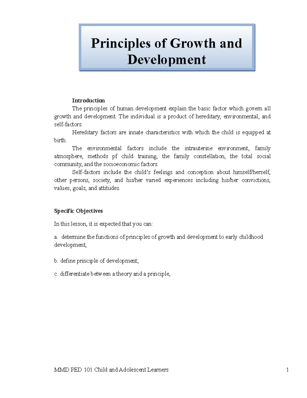 Module on Principle of Human Growth and Development - Introduction The ...