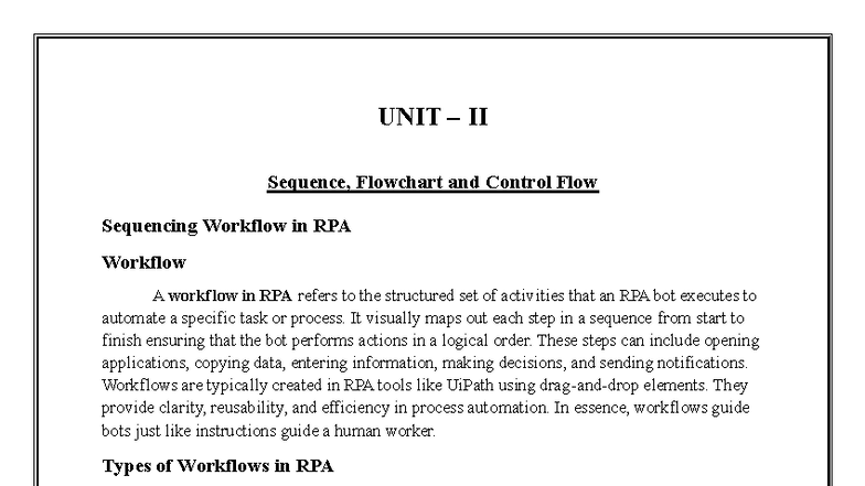 RPA Unit II: Workflows, Sequences, and Control Flow in Automation - Studocu