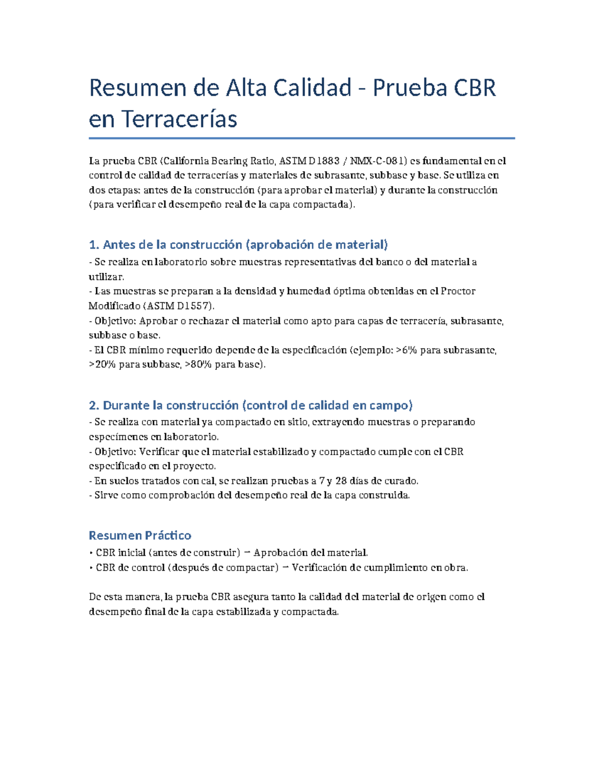 Resumen de Alta Calidad Prueba CBR en Terracerías - ASTM D1883 - Studocu