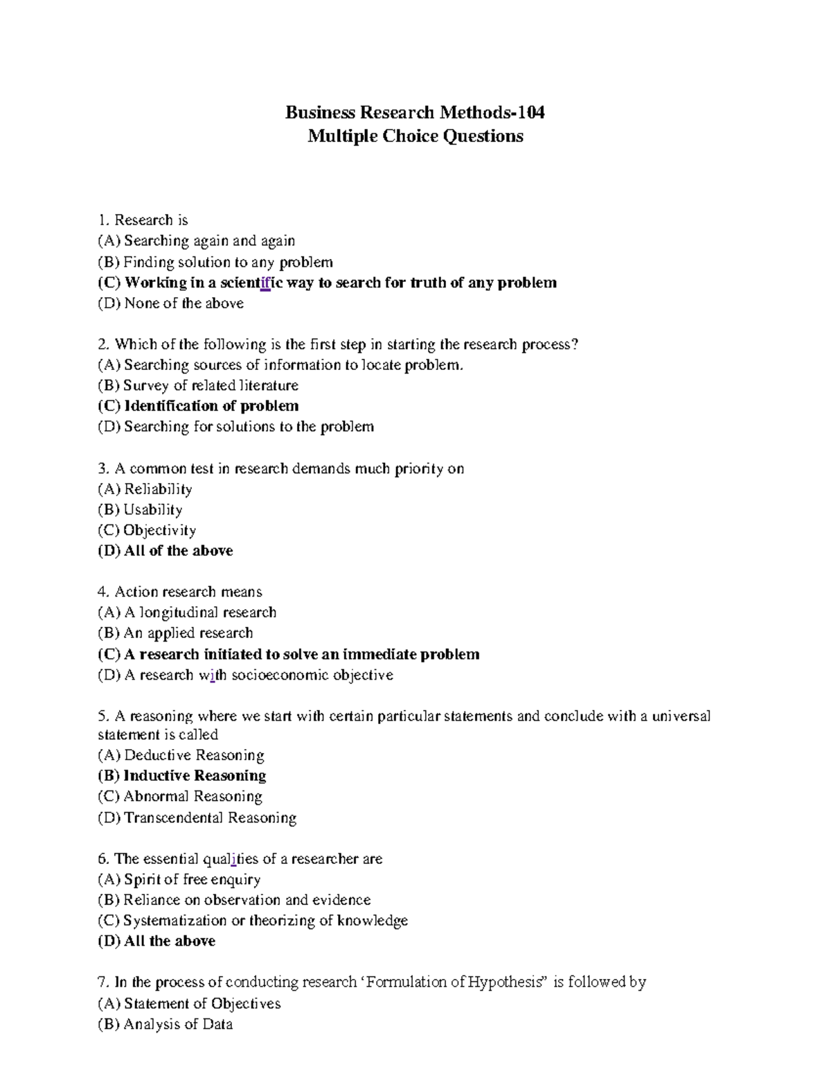 Multiple choice questions - Business Research Methods- Multiple Choice ...