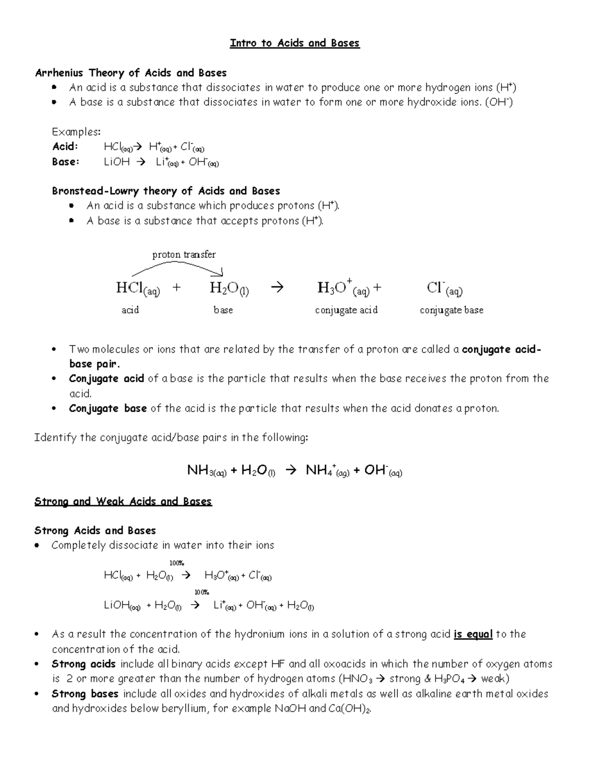 Chp 8 -Handout Review of Acids and Bases and Kw - Intro to Acids and ...
