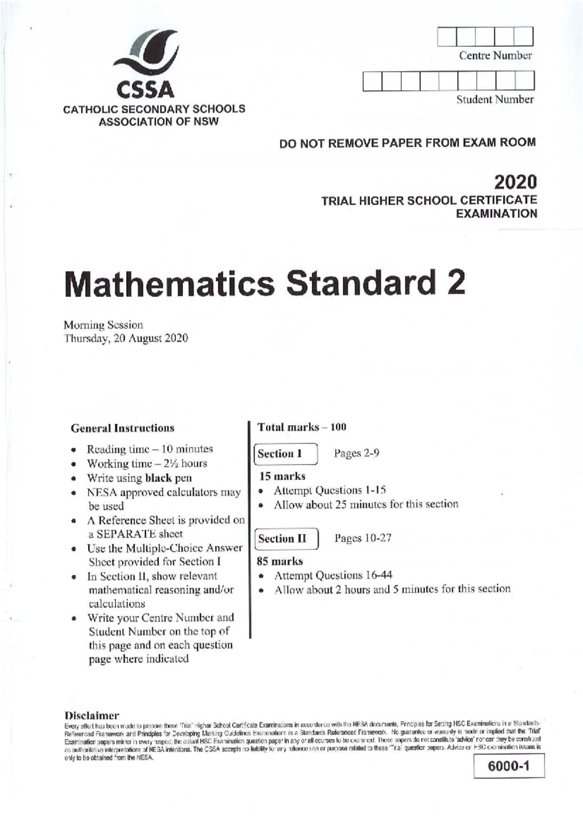 2020 HSC Trial Exam Mathematics Standard 2 - CSSA - Studocu