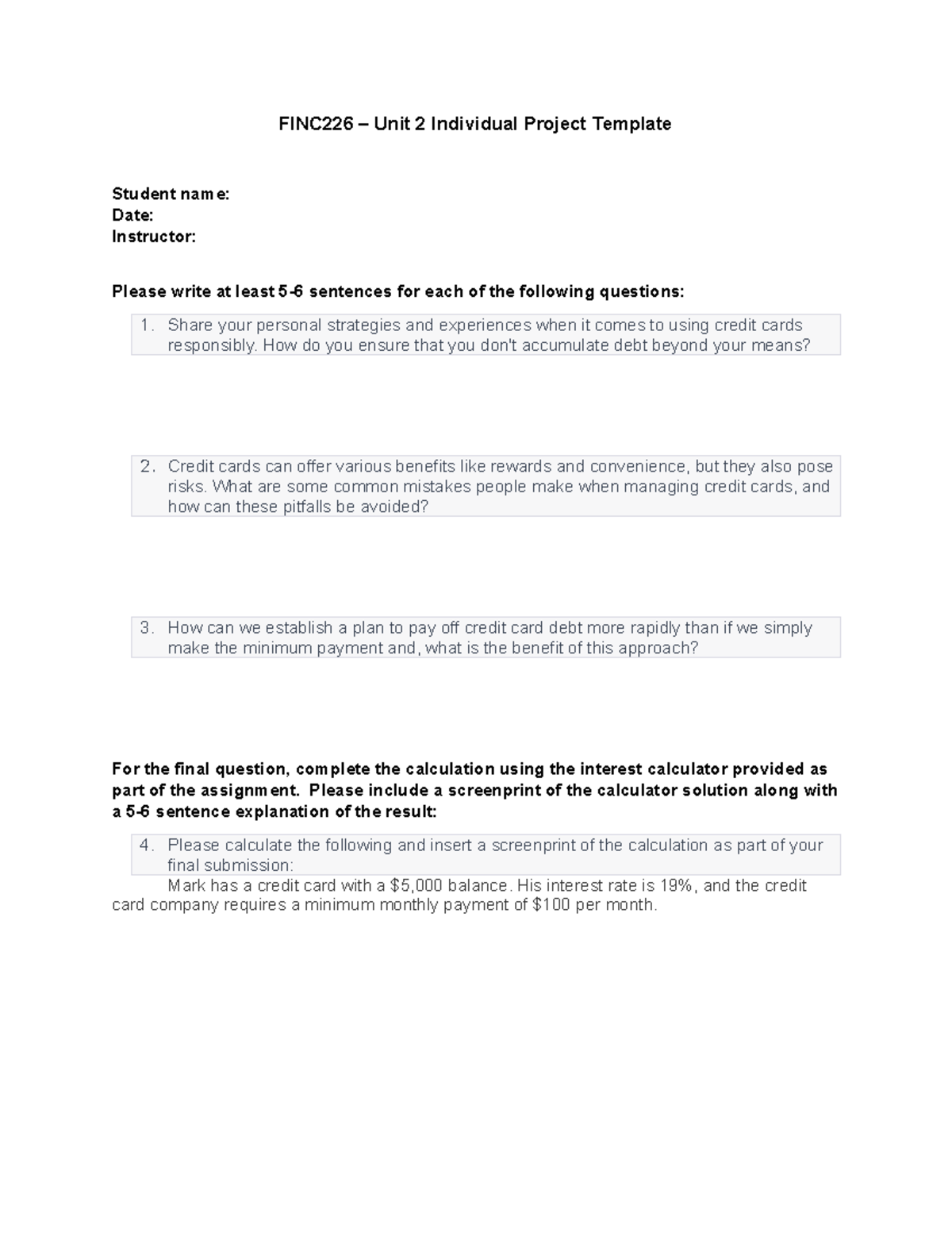 FINC226 - Unit 2 Individual Project Template: Credit Card Management ...