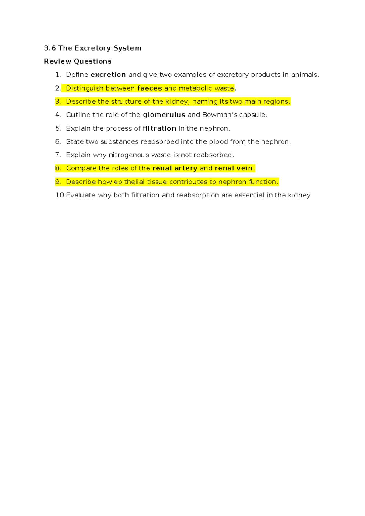 3.6 Excretory System Review Questions and Answers - Studocu