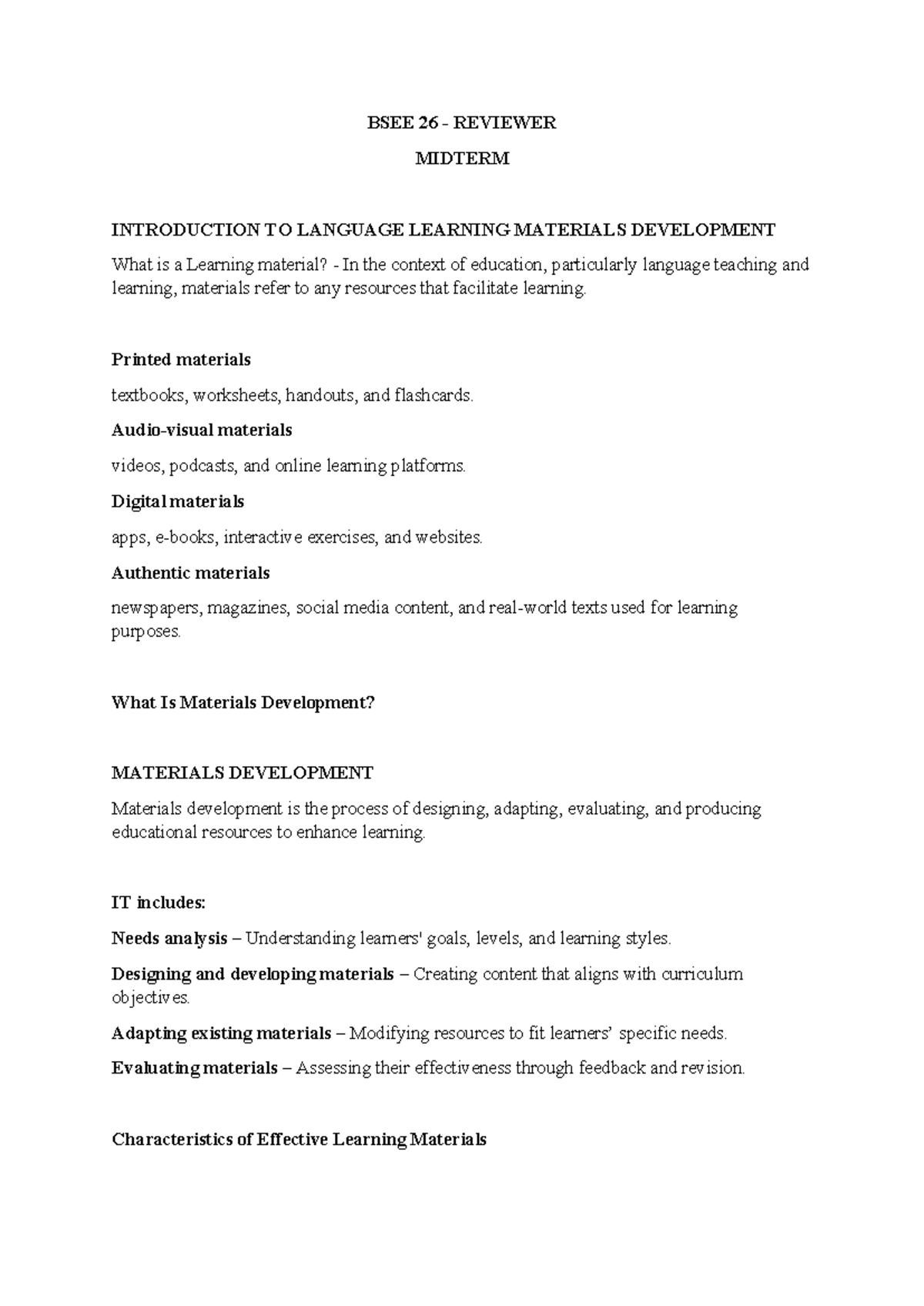 BSEE 26 Midterm Reviewer: Language Learning Materials Development - Studocu