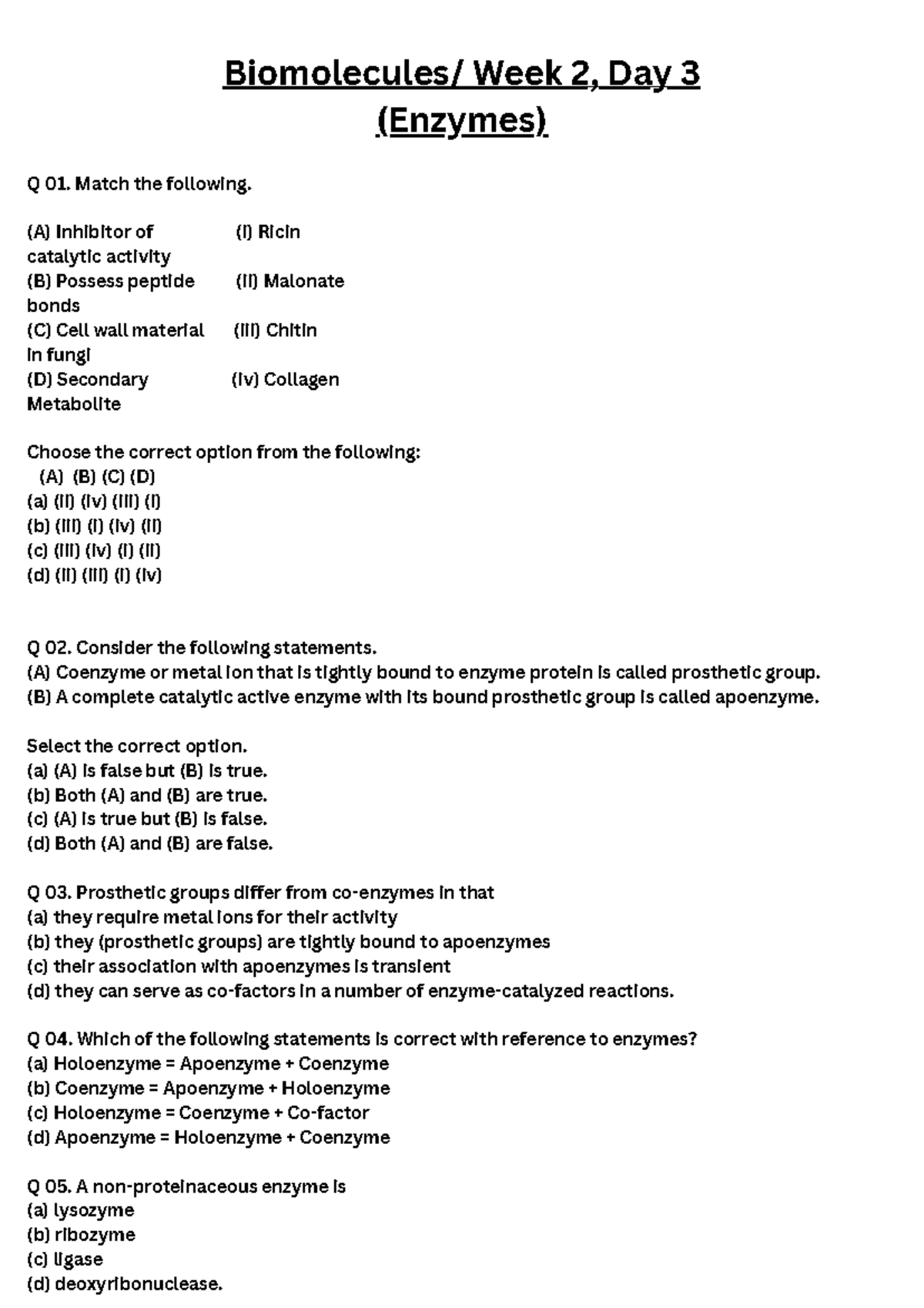 DPP - Enzymes and Biomolecules: Week 2 Notes and Answer Key - Studocu
