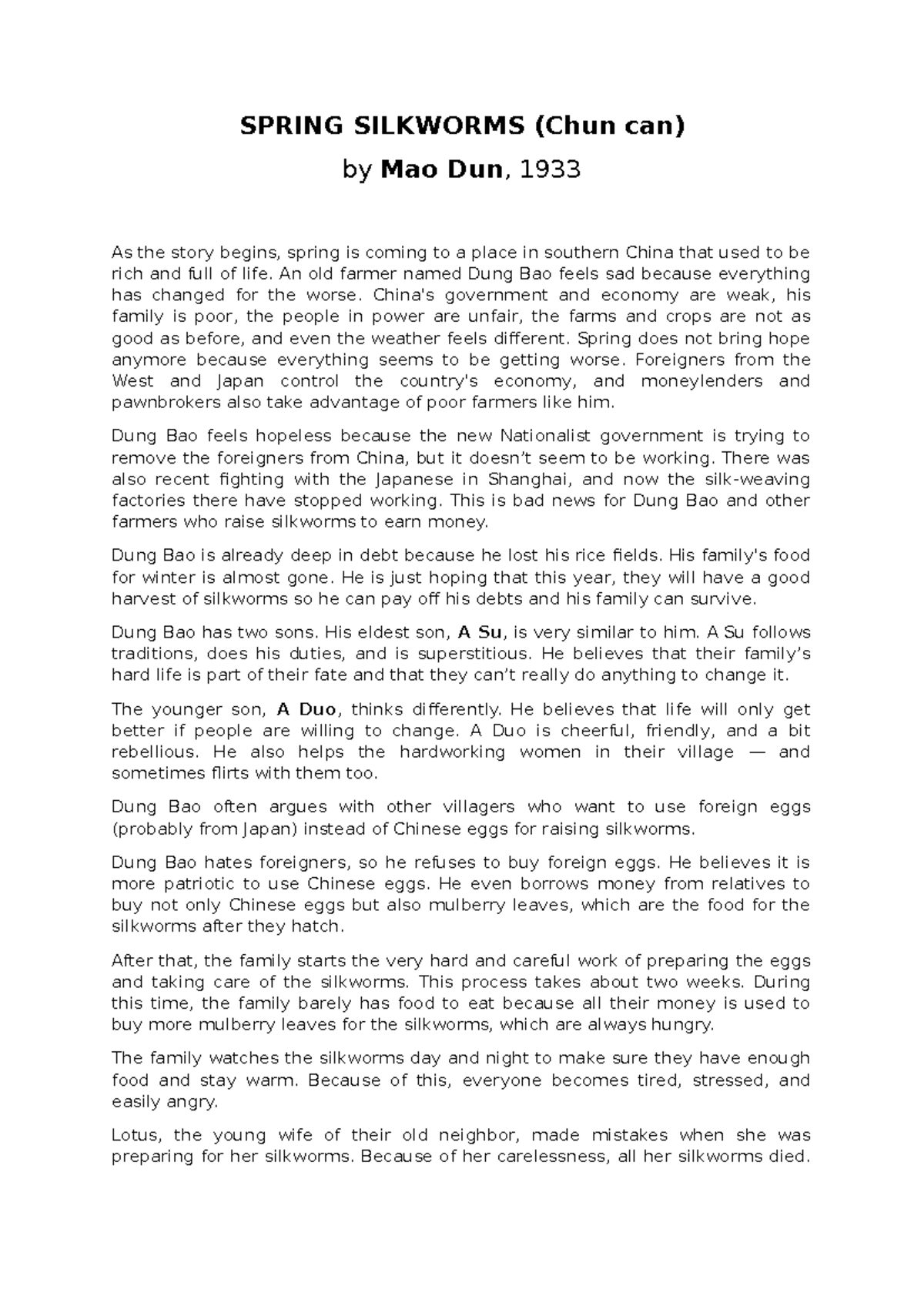 SPRING SILKWORMS (Chun can) - A Study of Mao Dun's 1933 Novel - Studocu