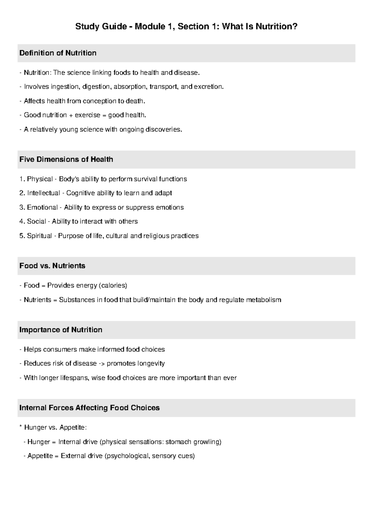 Nutrition mod 1:1 - Module 1 section 1 - Study Guide - Module 1 ...
