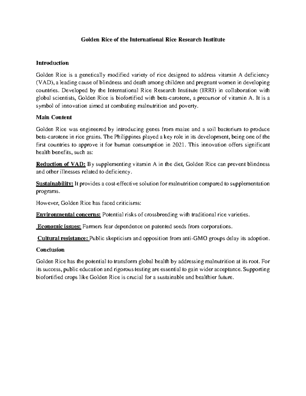 Introduction Golden Rice is a genetically modified variety o - Golden ...