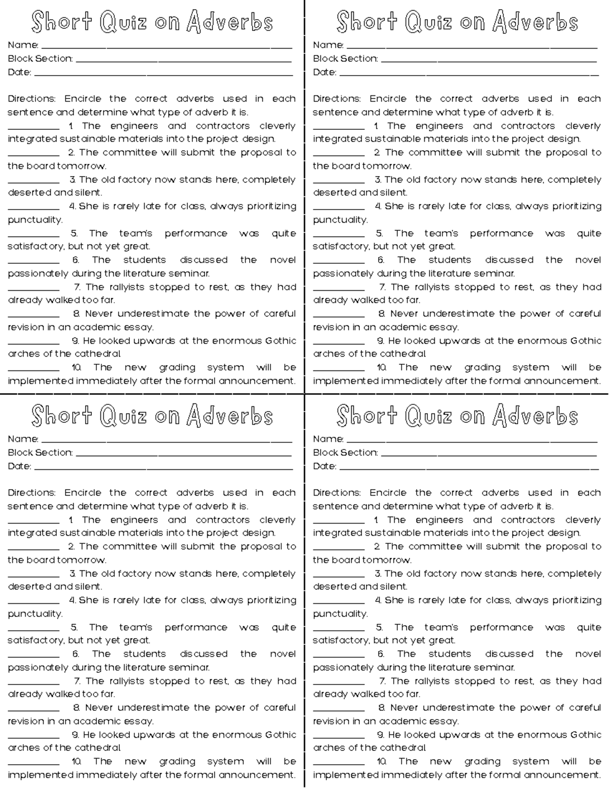 Short Quiz on Adverbs (DEMO) - Identify and Classify Adverbs - Studocu
