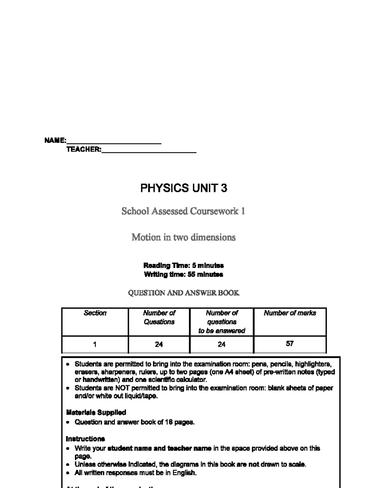 SAC - Physics 2026: Unit 3 Motion in Two Dimensions Exam Guide - Studocu