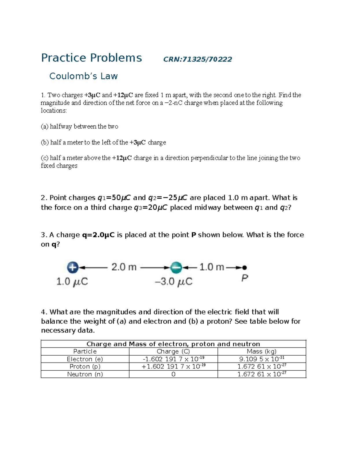 Practice Problems PHYS 101: Electric Forces and Fields - Studocu