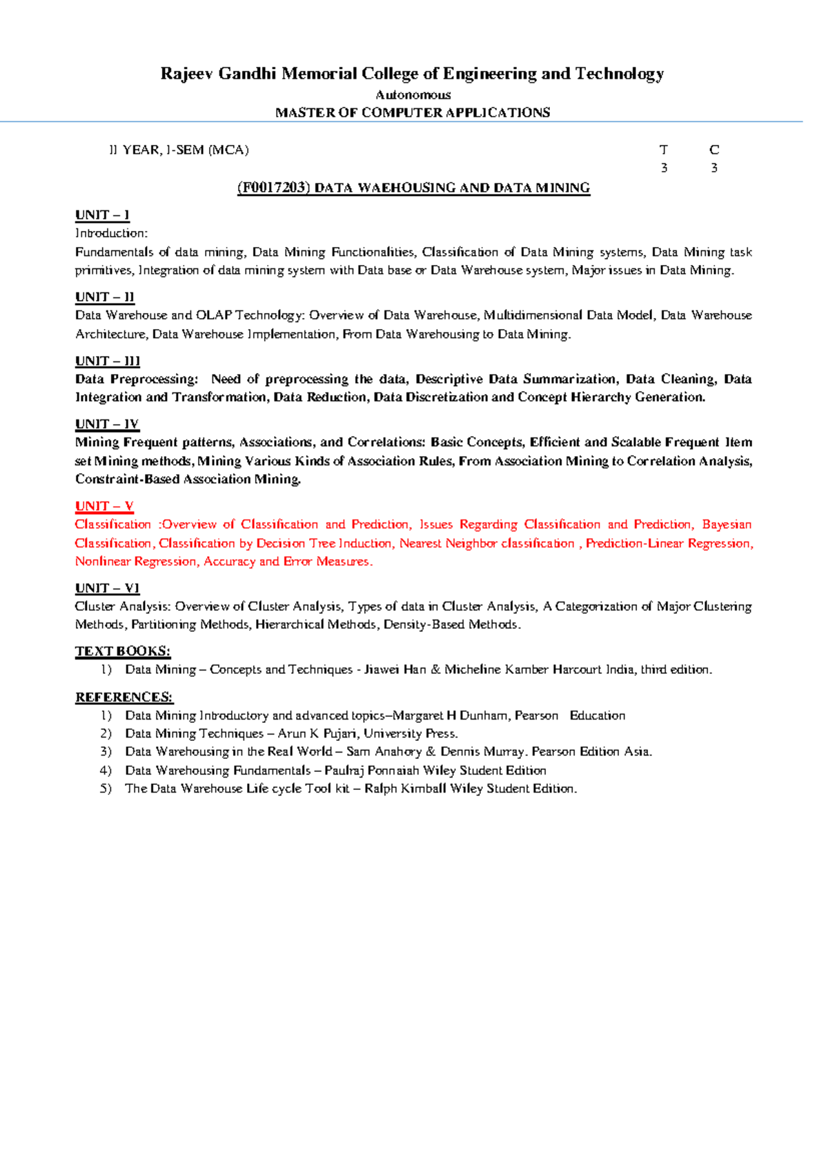 MCA II Year (F0017203) Data Warehousing & Mining Unit 5 Notes - Studocu