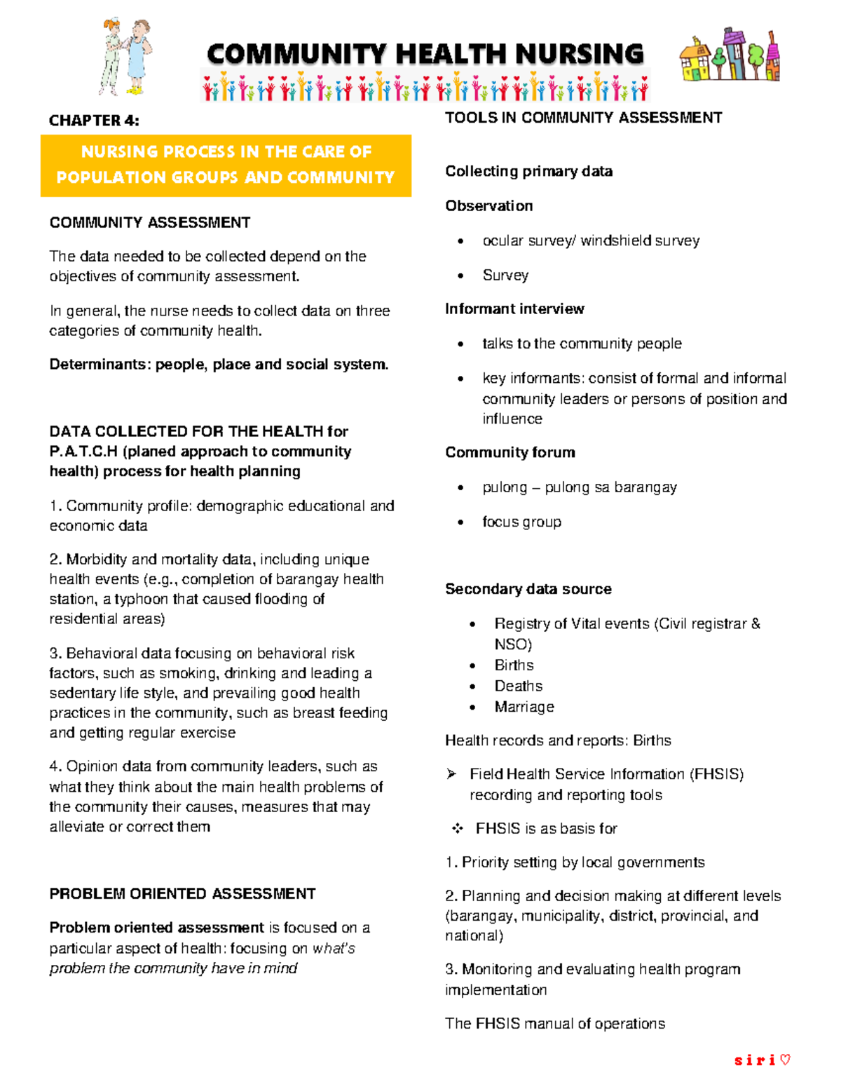 Community Health Nursing 2 (Chapter 4) - CHAPTER 4: COMMUNITY ...