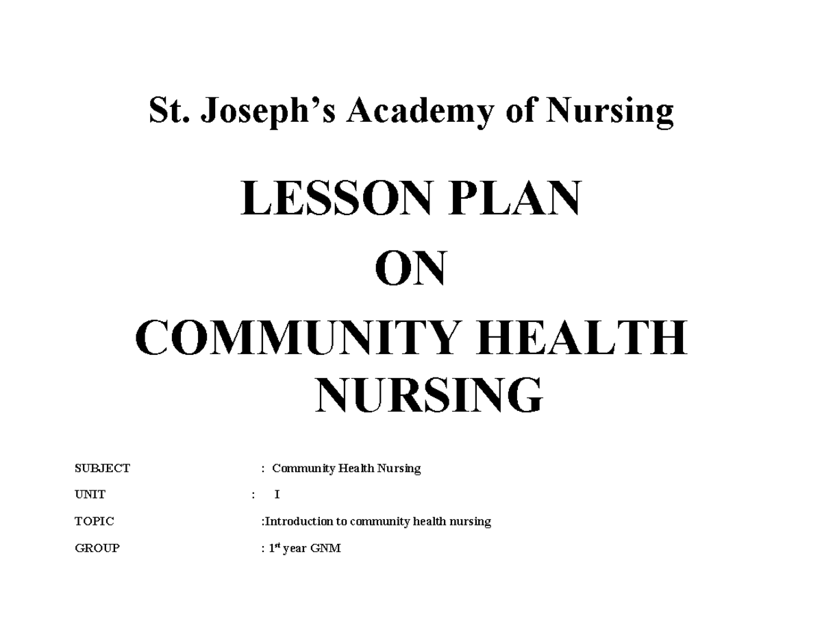 St. Academy of Nursing GNM 1st Year Lesson Plan: Community Health ...