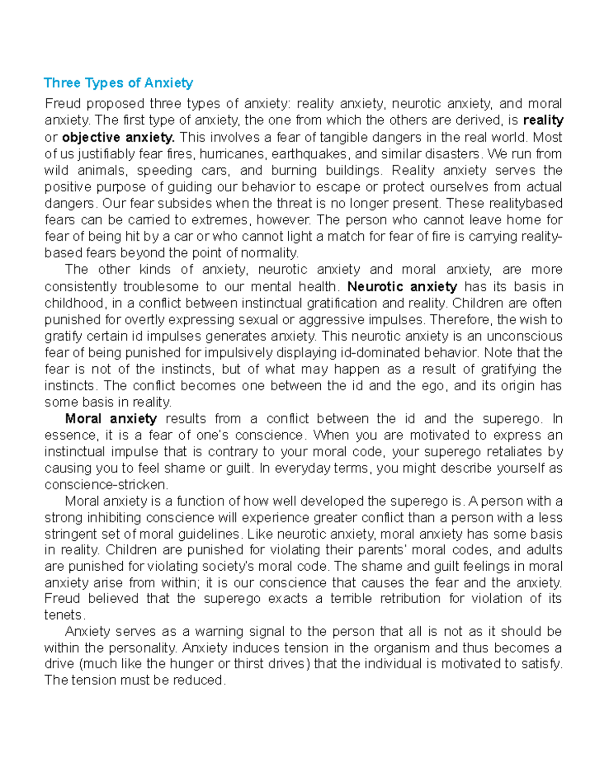 Psychoanalytic Perspectives on Anxiety: Freud's Three Types - Studocu
