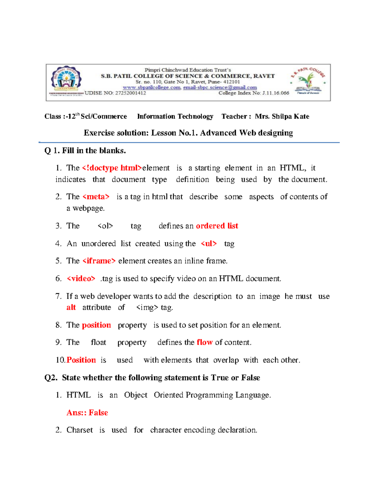 IT 101: Lesson 1 - Advanced Web Designing Exercise Solutions - Studocu