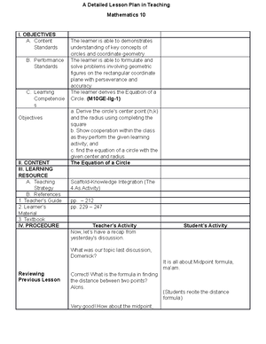 DLP- Equation OF A Circle - A Detailed Lesson Plan in MATHEMATICS 10 ...