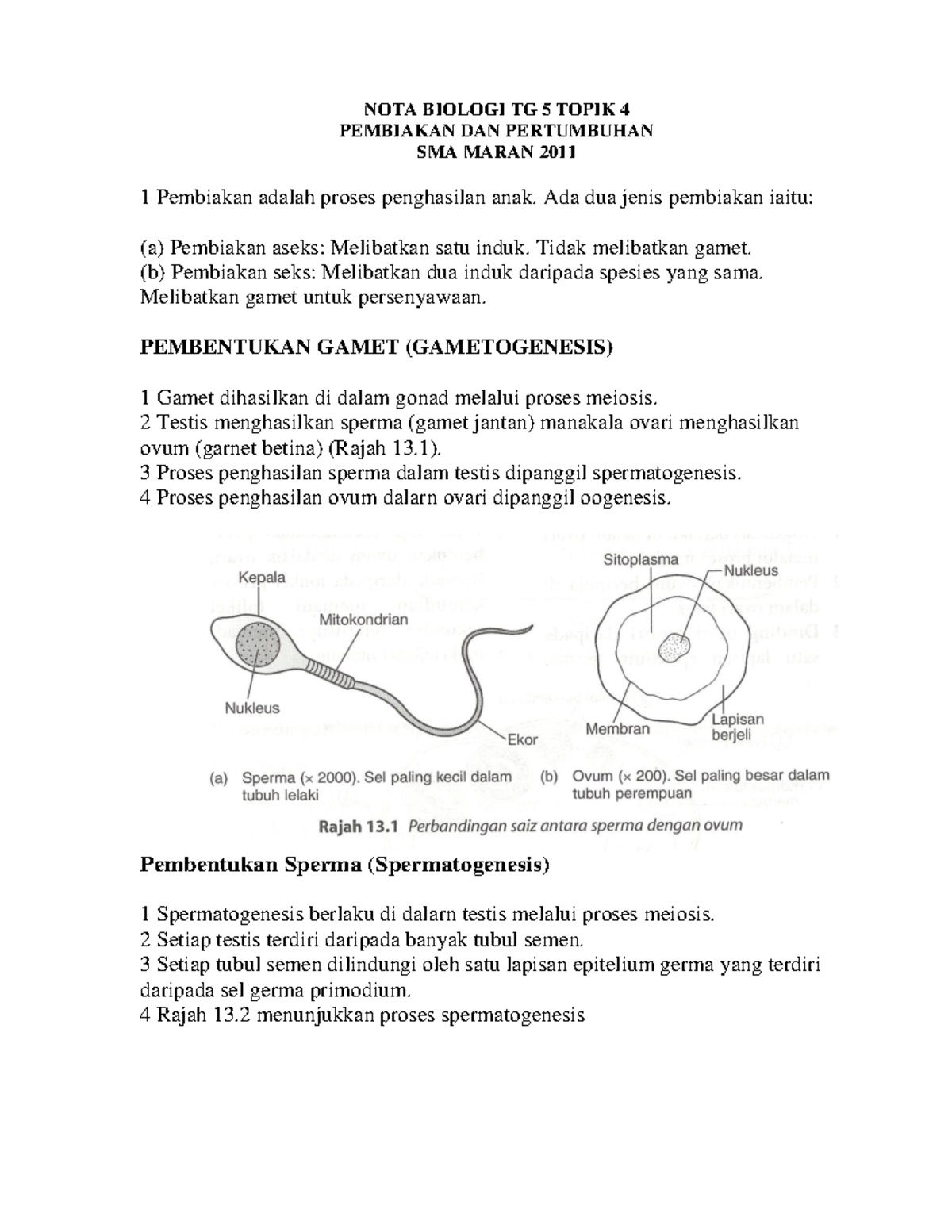 Nota Biologi F5 C4: Pembiakan dan Pertumbuhan Manusia - Studocu