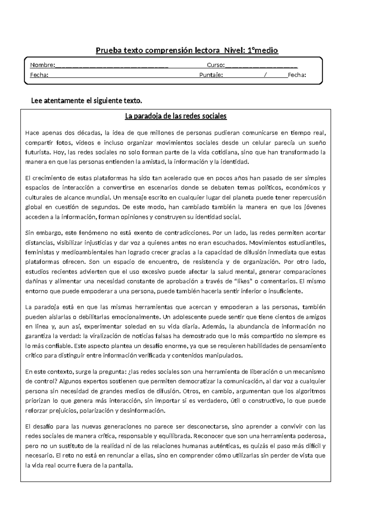 Prueba de Comprensión Lectora: Redes Sociales y su Impacto - Studocu