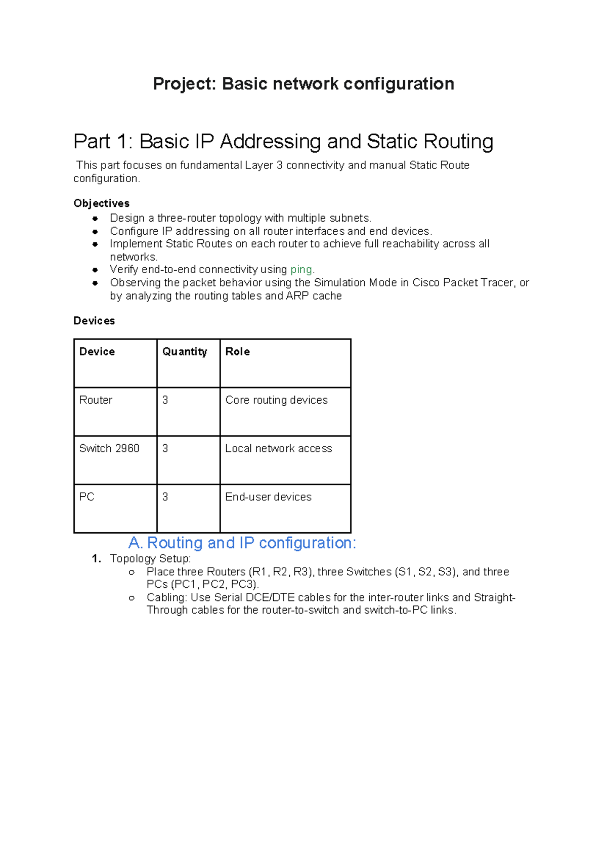 Project 3: Basic Network Configuration & Static Routing Overview - Studocu