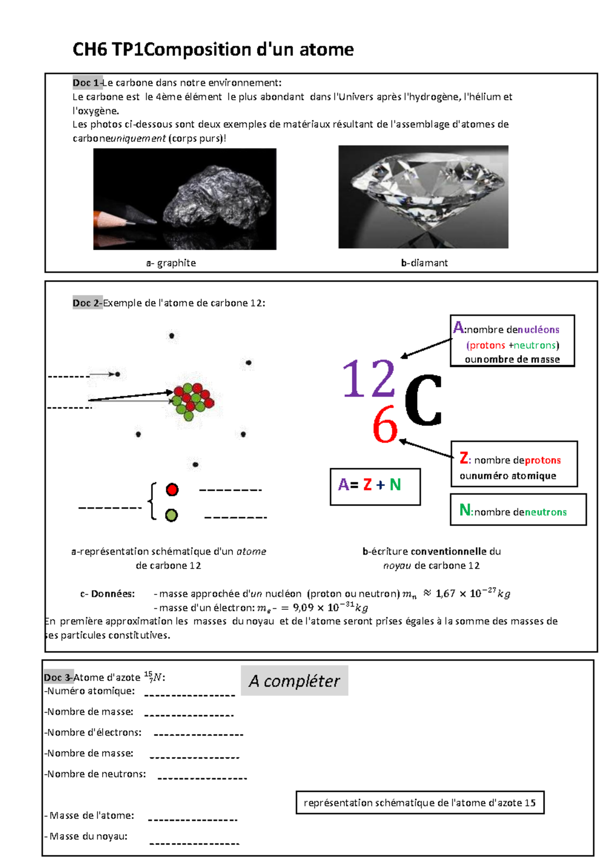 CH6 TP1 Composition d'un Atome: Carbone et Noyau Atomique - Studocu