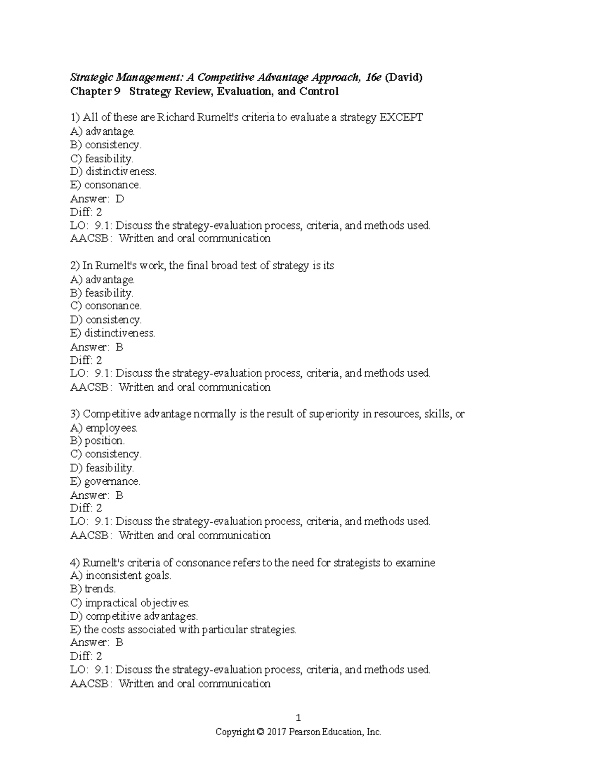 Chapter 9 - Test Bank for Strategic Management: Evaluation Techniques ...