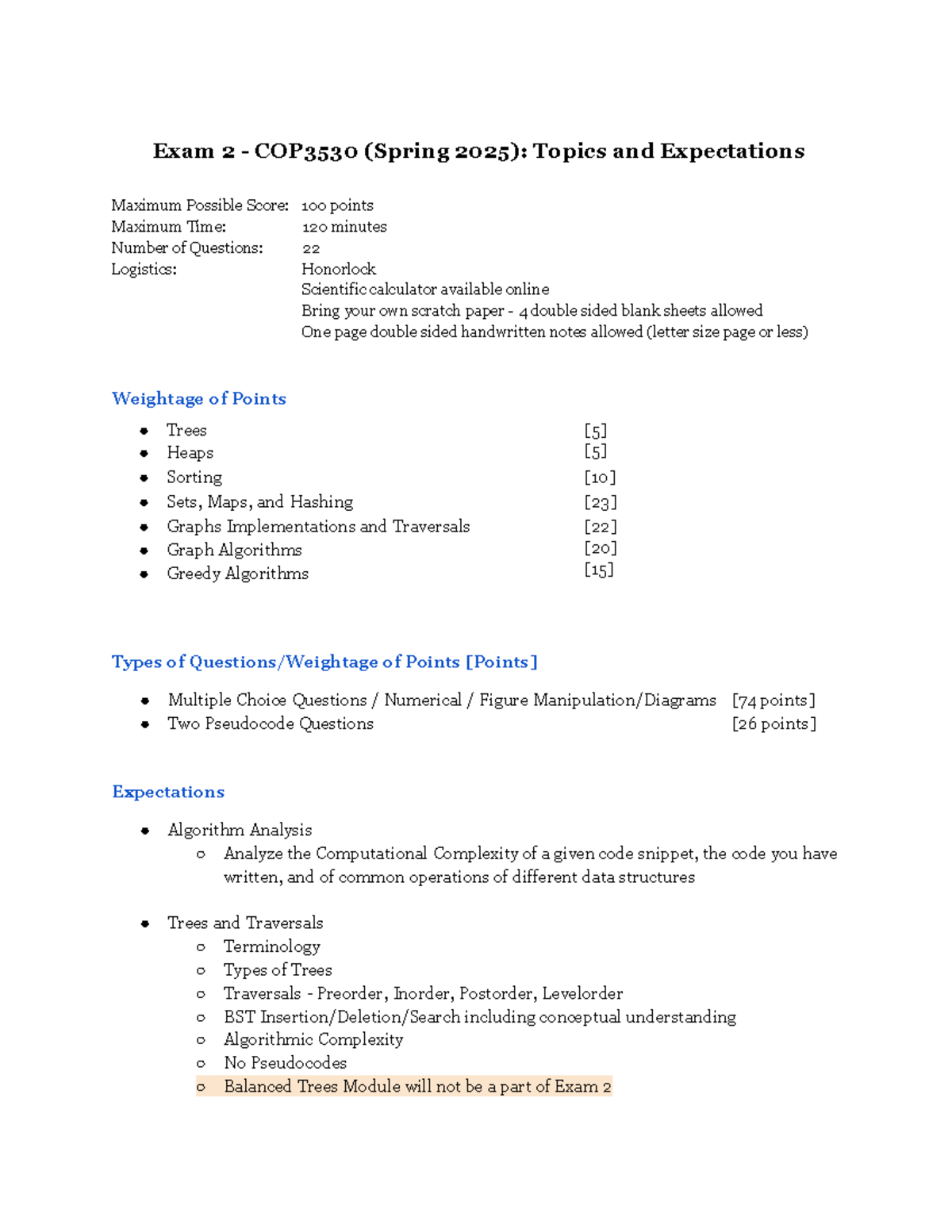 Final Exam Guide - COP3530: Key Topics and Exam Expectations - Exam 2 ...