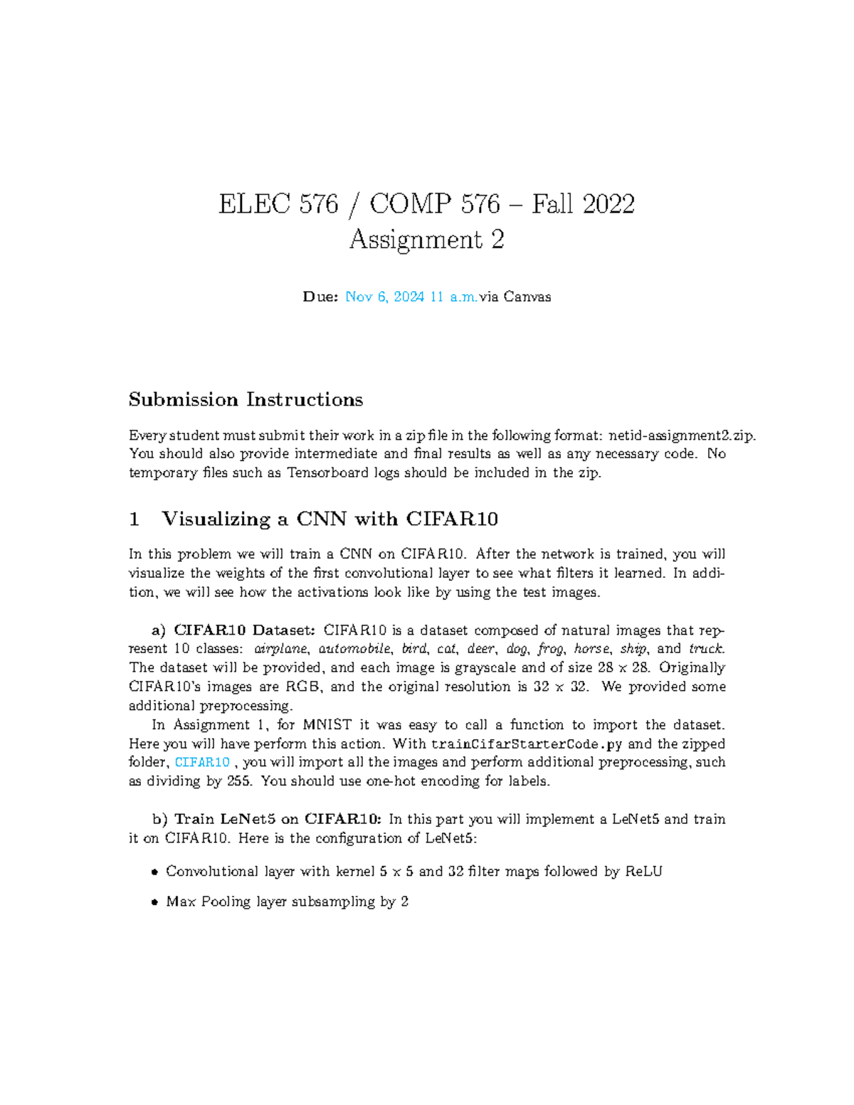 ELEC 576 COMP 576 Fall 2022 Assignment 2: CNN & RNN Analysis - Studocu