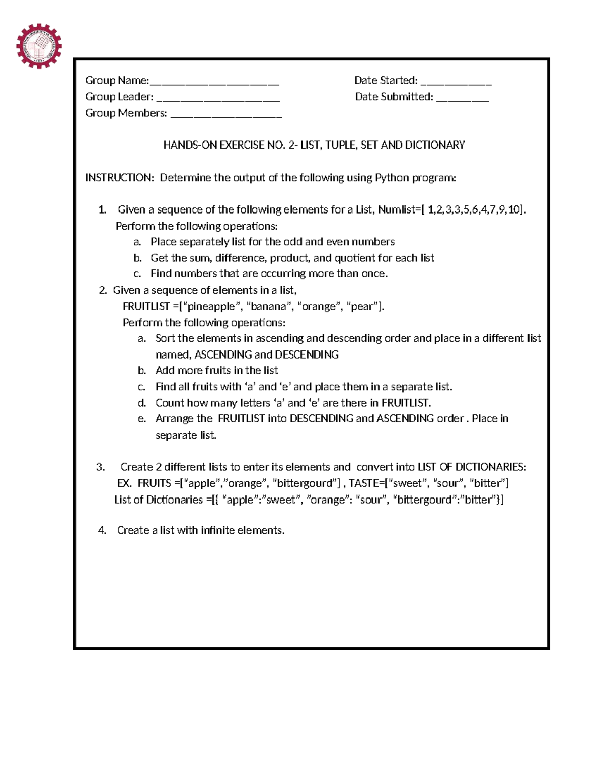 Cp ET 5L Hands-on Exercise No. 2: Lists, Tuples, Sets & Dictionaries - Studocu