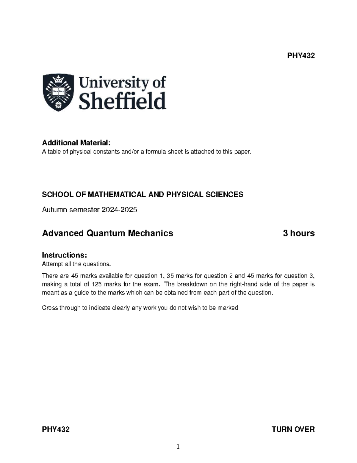PHY432 Advanced Quantum Mechanics Exam Paper with Formula Sheet - Studocu