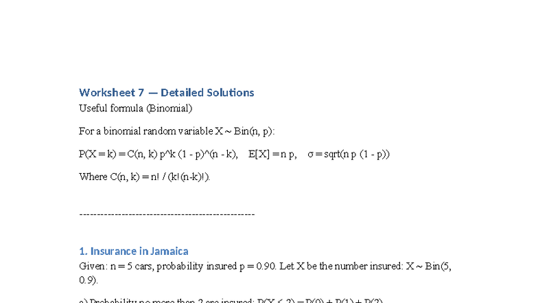 Worksheet 7 Detailed Solutions: Binomial Probability Calculations - Studocu