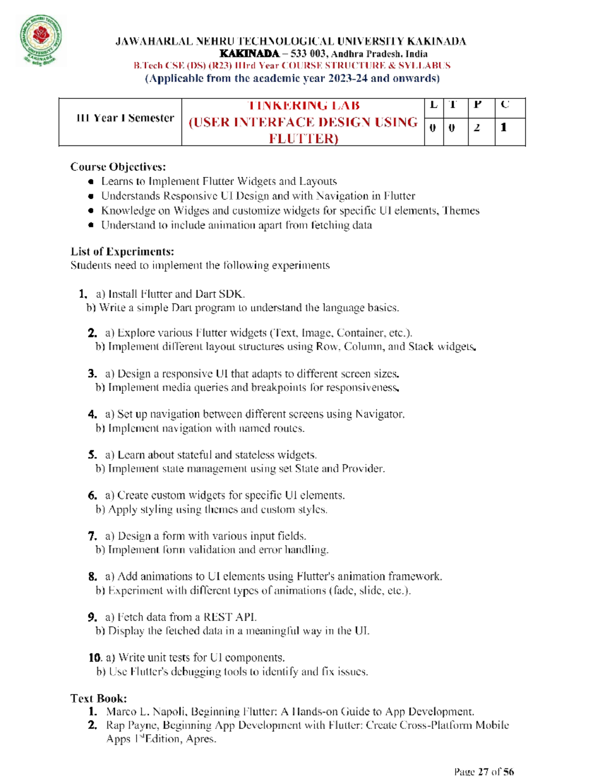 B.Tech CSE (DS) (R23) Tinkering Lab: UI Design with Flutter - Studocu