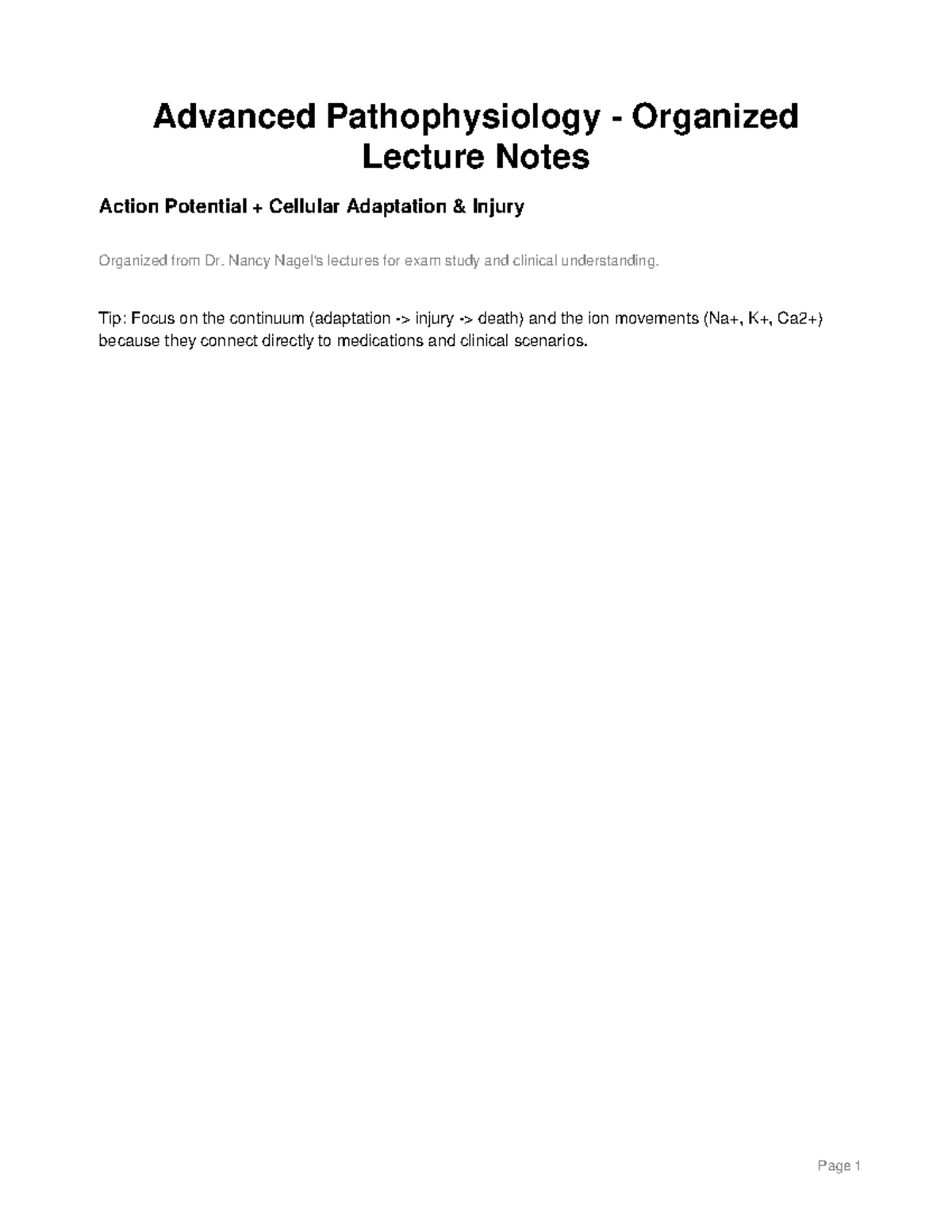 Advanced Pathophysiology Lecture Notes: Action Potential & Cellular ...