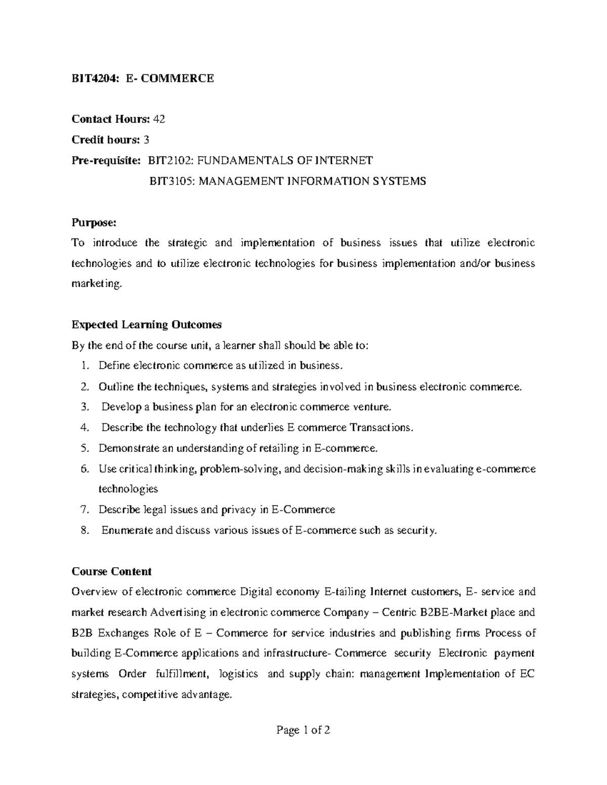 BIT4204: E-Commerce Course Outline and Learning Outcomes - Studocu