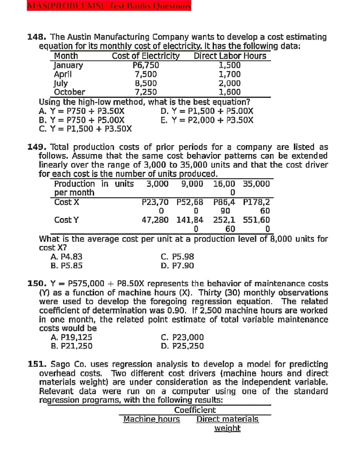 ACC874 9 - Cost Estimation & Regression Analysis Questions - Studocu