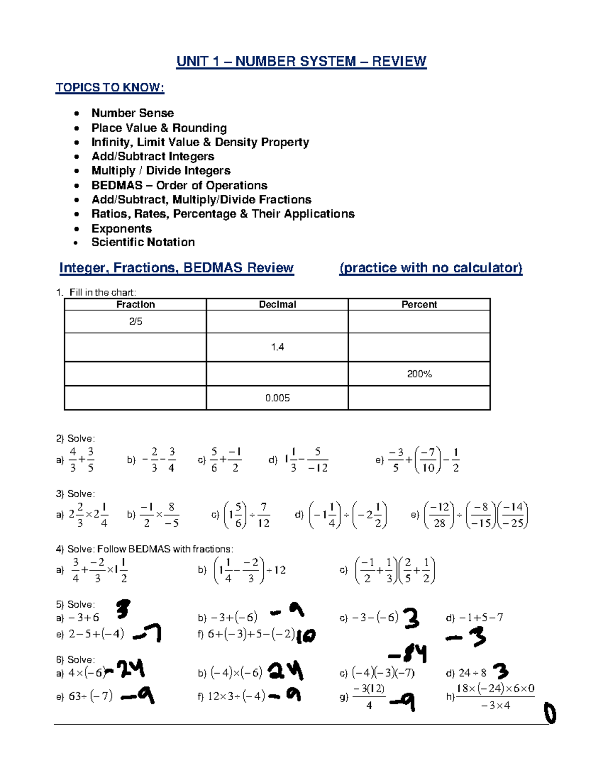 Unit 1 Math Test Review: Number Systems & Operations - Studocu