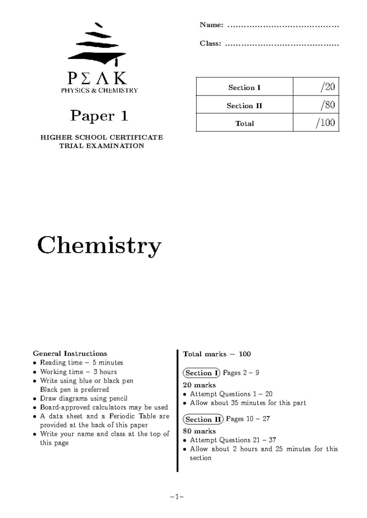 Peak Chemistry Trial 1 Exam Solutions (HSC Chemistry) - Studocu