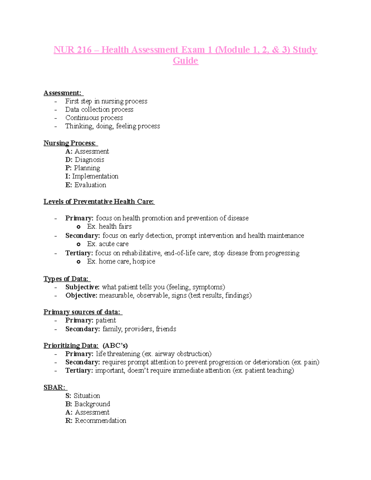NUR 216 Exam 1 Study Guide: Health Assessment Modules 1-3 - Studocu