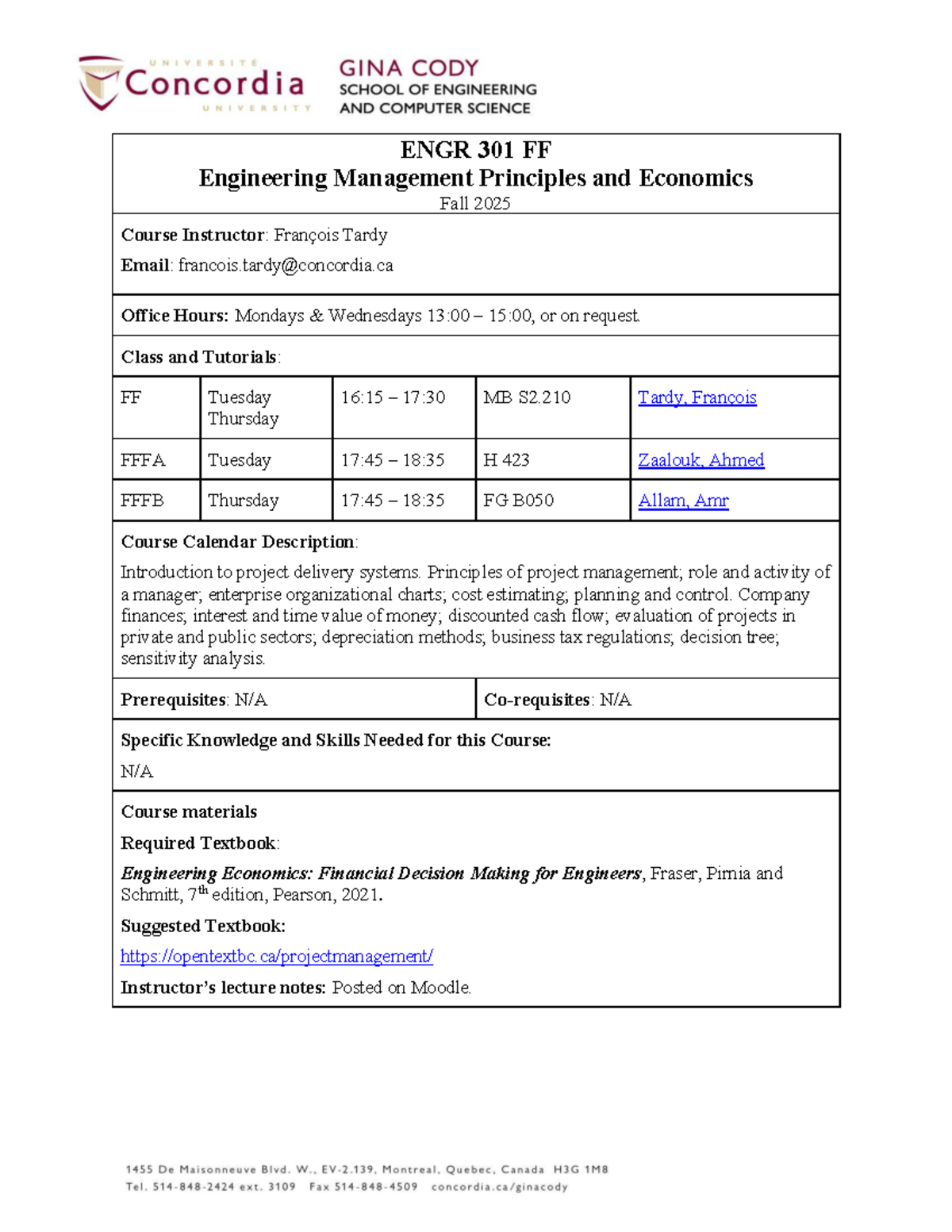 ENGR 301 FF Course Outline: Engineering Management & Economics Fall ...