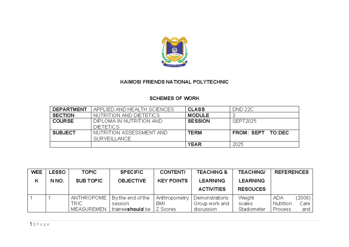 DND 22C Nutrition Assessment & Surveillance Schemes of Work - Studocu