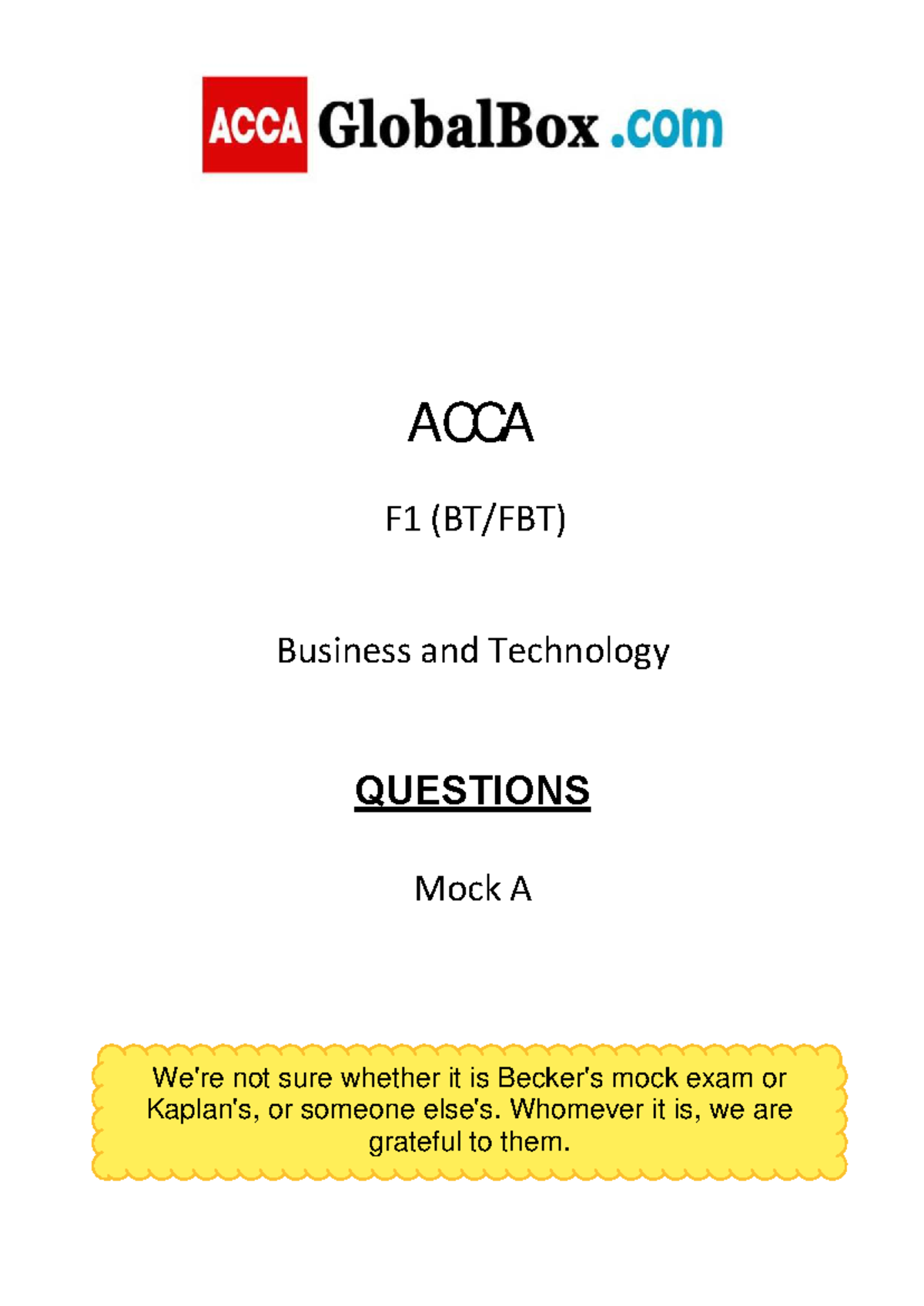 ACCA F1 Business and Technology Mock Exam A Questions - Studocu