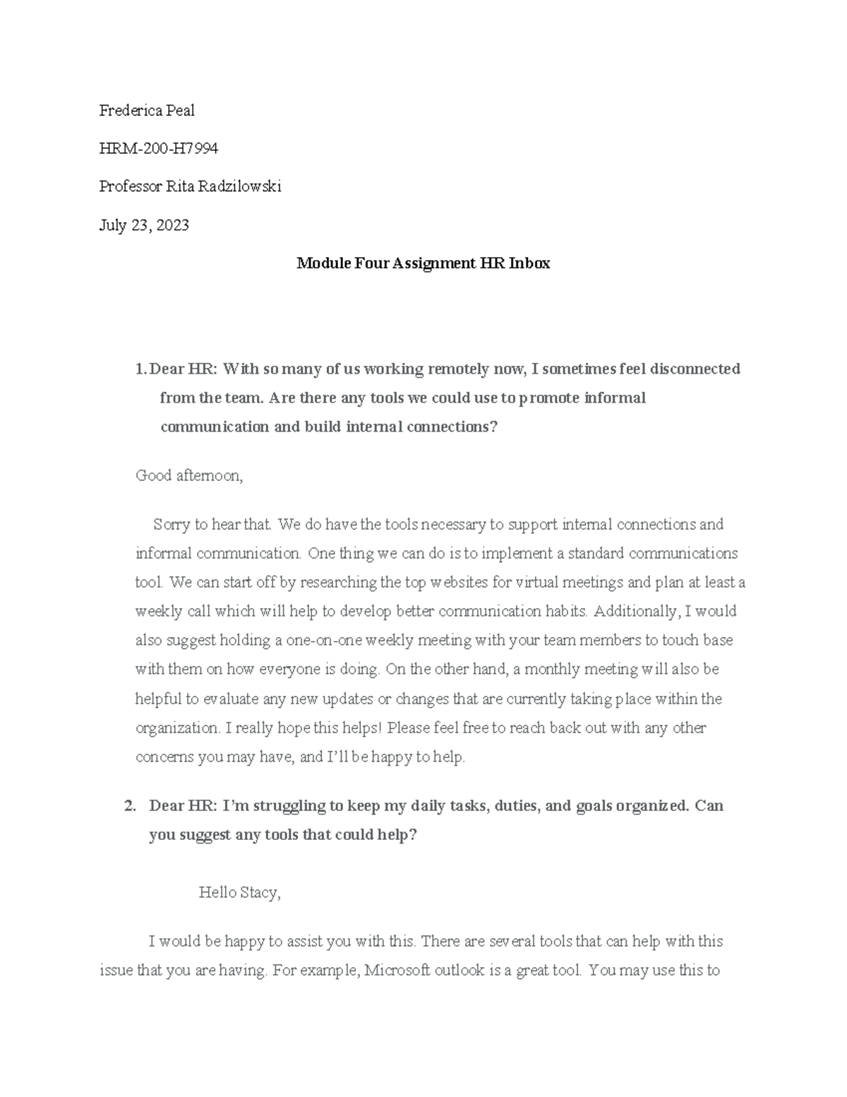 HRM-200-H Module 4 Assignment: HR Inbox Communications Tools - Studocu