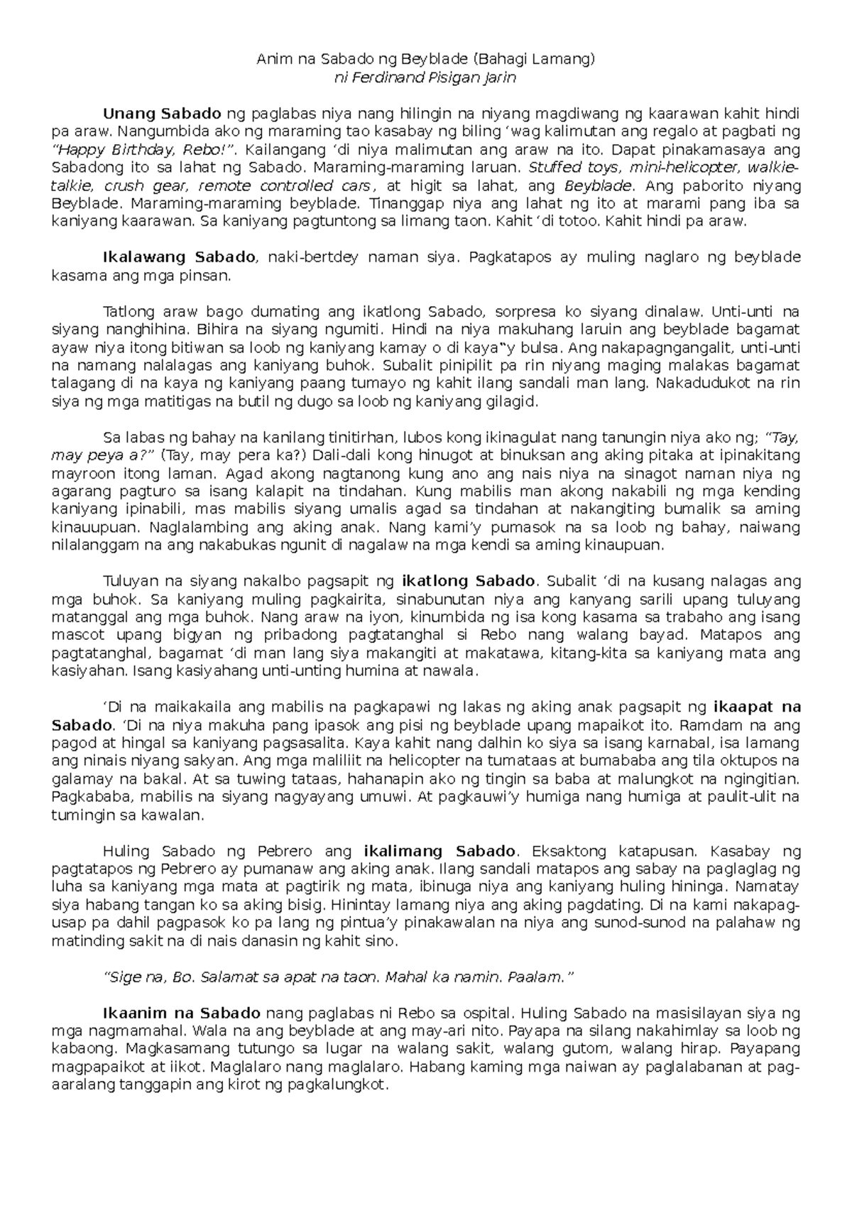 Anim na Sabado: Isang Kwento ng Galit, Labanan, at Pagluha - Studocu