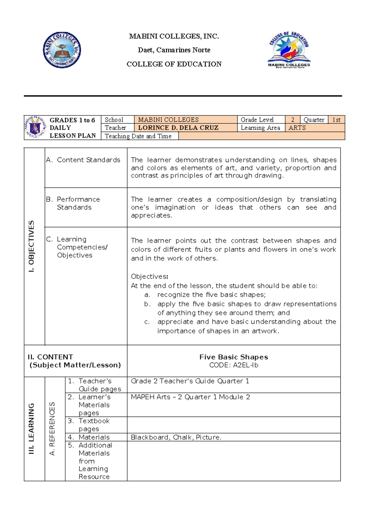 Grade 2 MAPEH Arts Daily Lesson Plan: 5 Basic Shapes - Studocu
