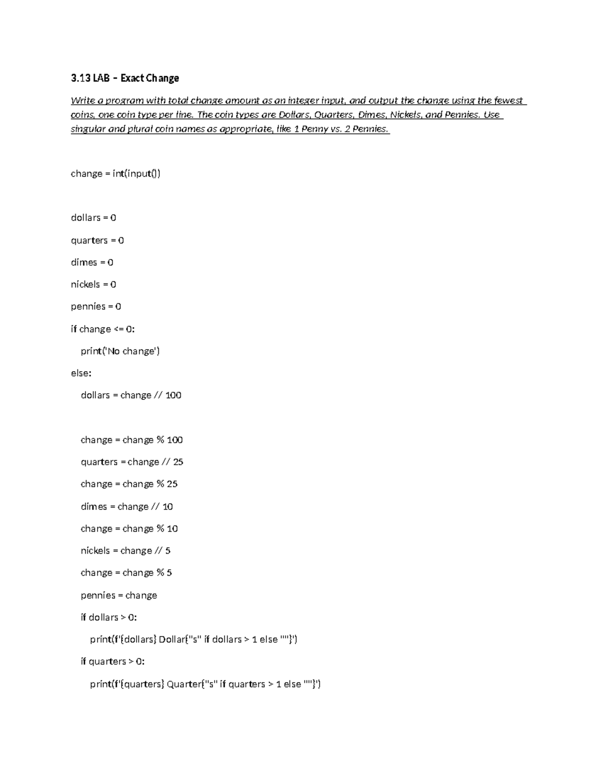 3.13 LAB - Exact Change Implementation in Python - Studocu