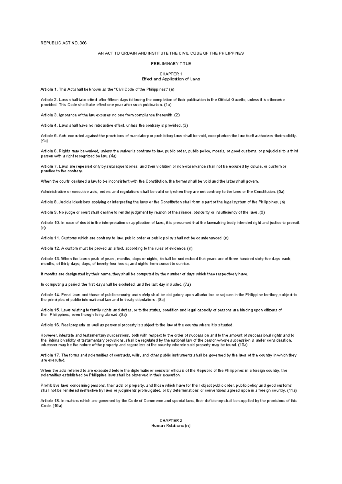 Civil Code of the Philippines (NCC) - Preliminary Title & Chapters 1-3 ...