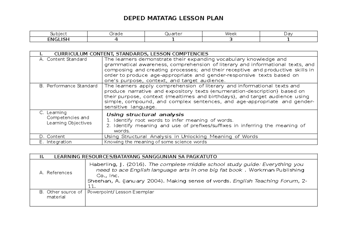 Grade 4 English Lesson PLAN: Understanding Root Words and Their ...