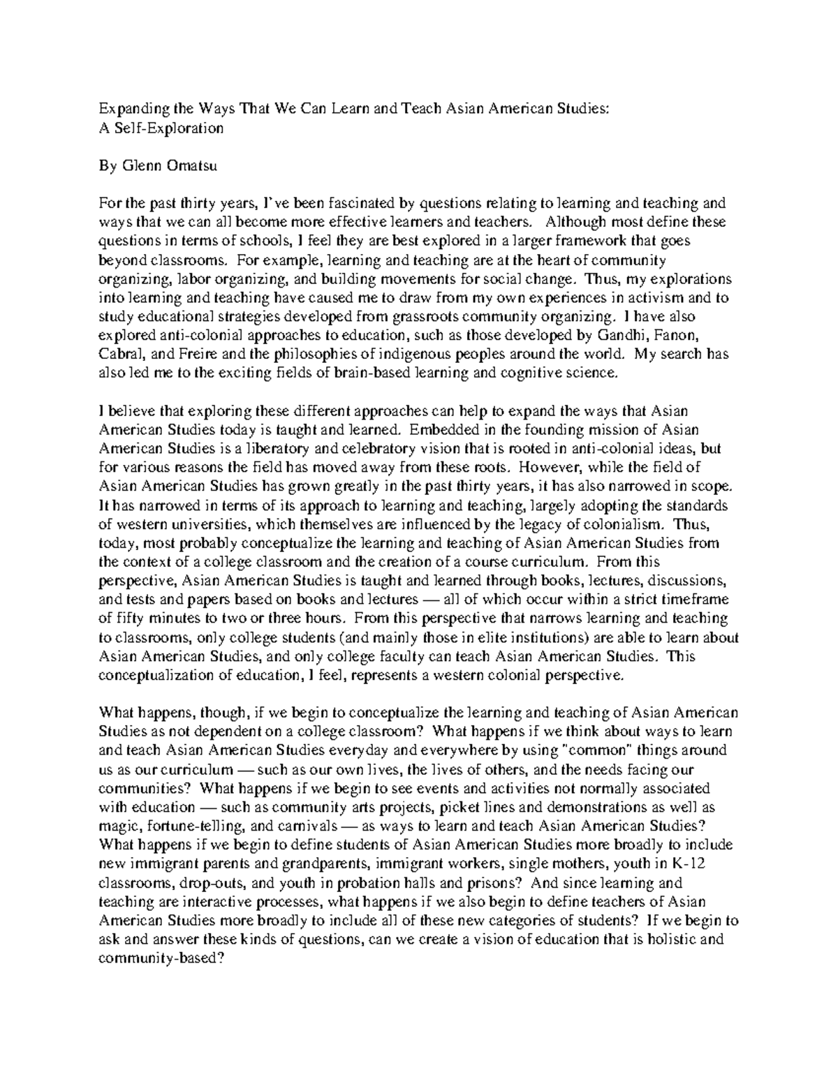 Expanding Learning and Teaching in Asian American Studies: A Reflection ...