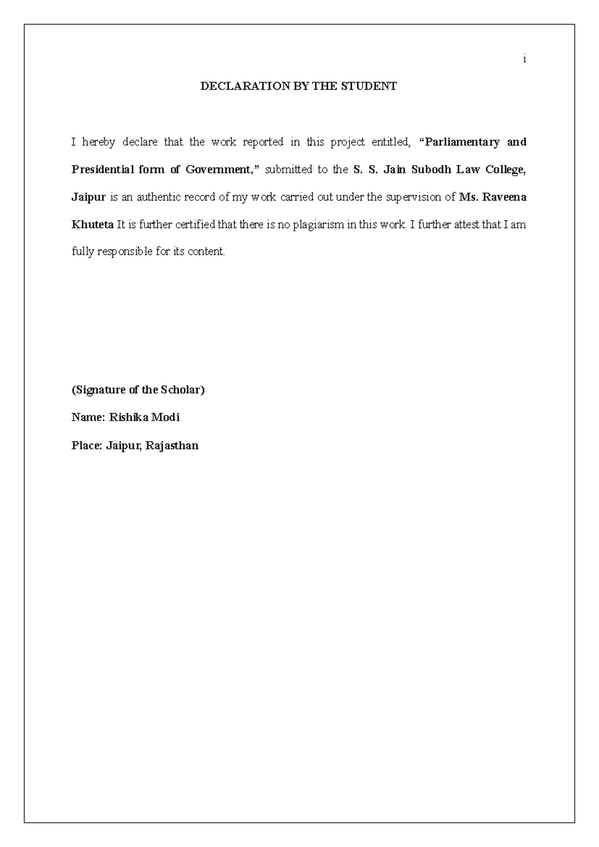 B.A.LL.B Project Declaration and Certification - Admin LAW - Studocu